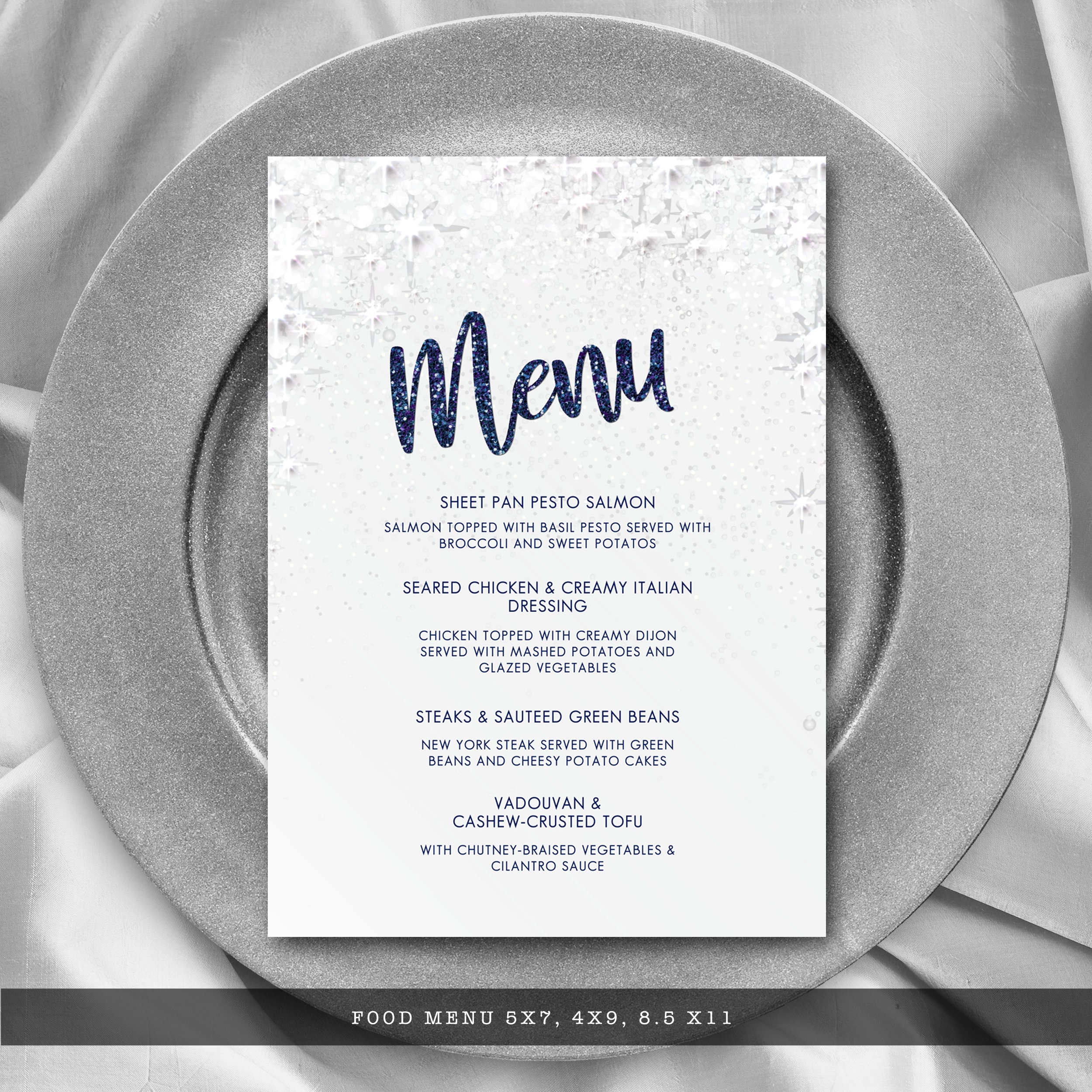Silver and Blue Glitter Food Menu Custom Menu Silver Menu | Etsy