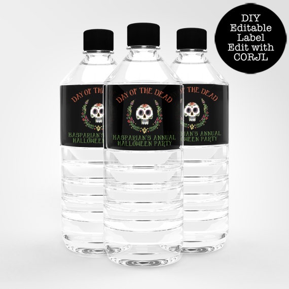 Editable Sugar Skull Beverage Wrapper, Halloween Skull Water Labels ...