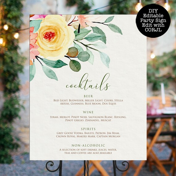 Autumn Floral Drink Menu Signs, Bar Menu, Floral Cocktail Menu ...