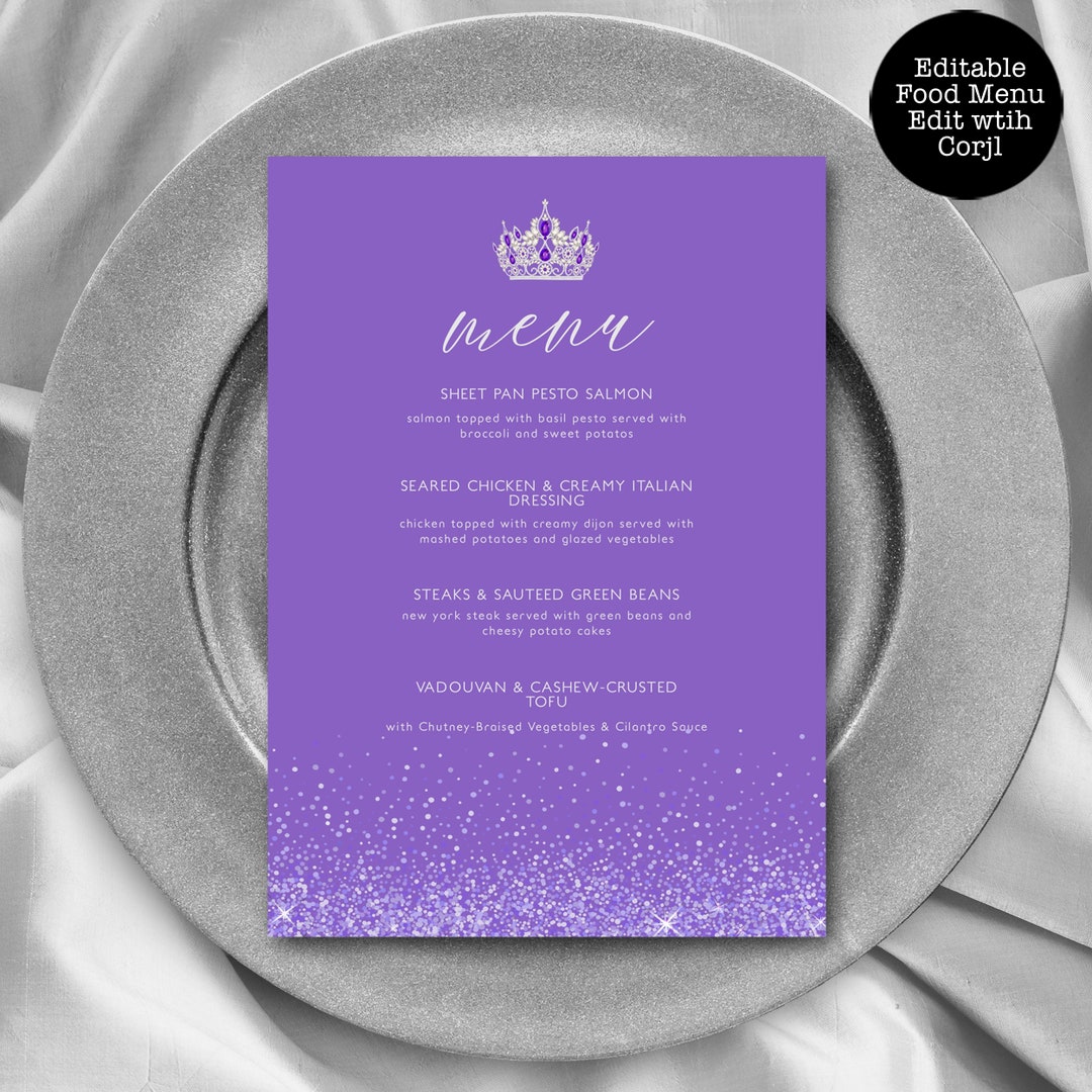 Purple Food Menu, Custom Menu, Purple Glitter Food Menu, Dinner Menu ...