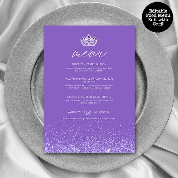 Purple Food Menu Custom Menu Purple Glitter Food Menu | Etsy