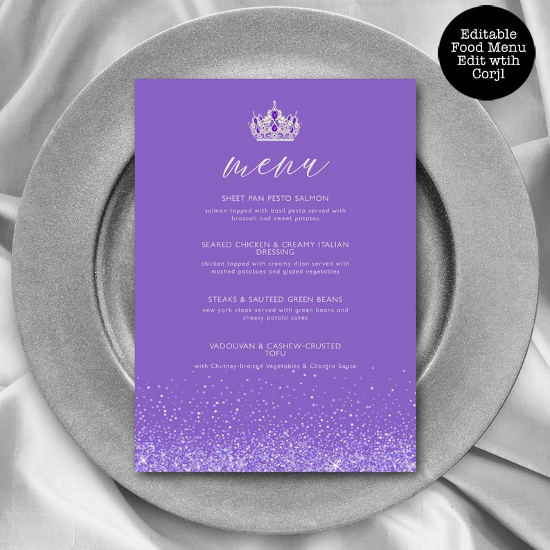 Purple Food Menu Custom Menu Purple Glitter Food Menu - Etsy