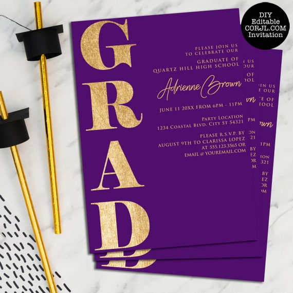 Purple and Gold Graduation Invitations, Graduation Announcement ...