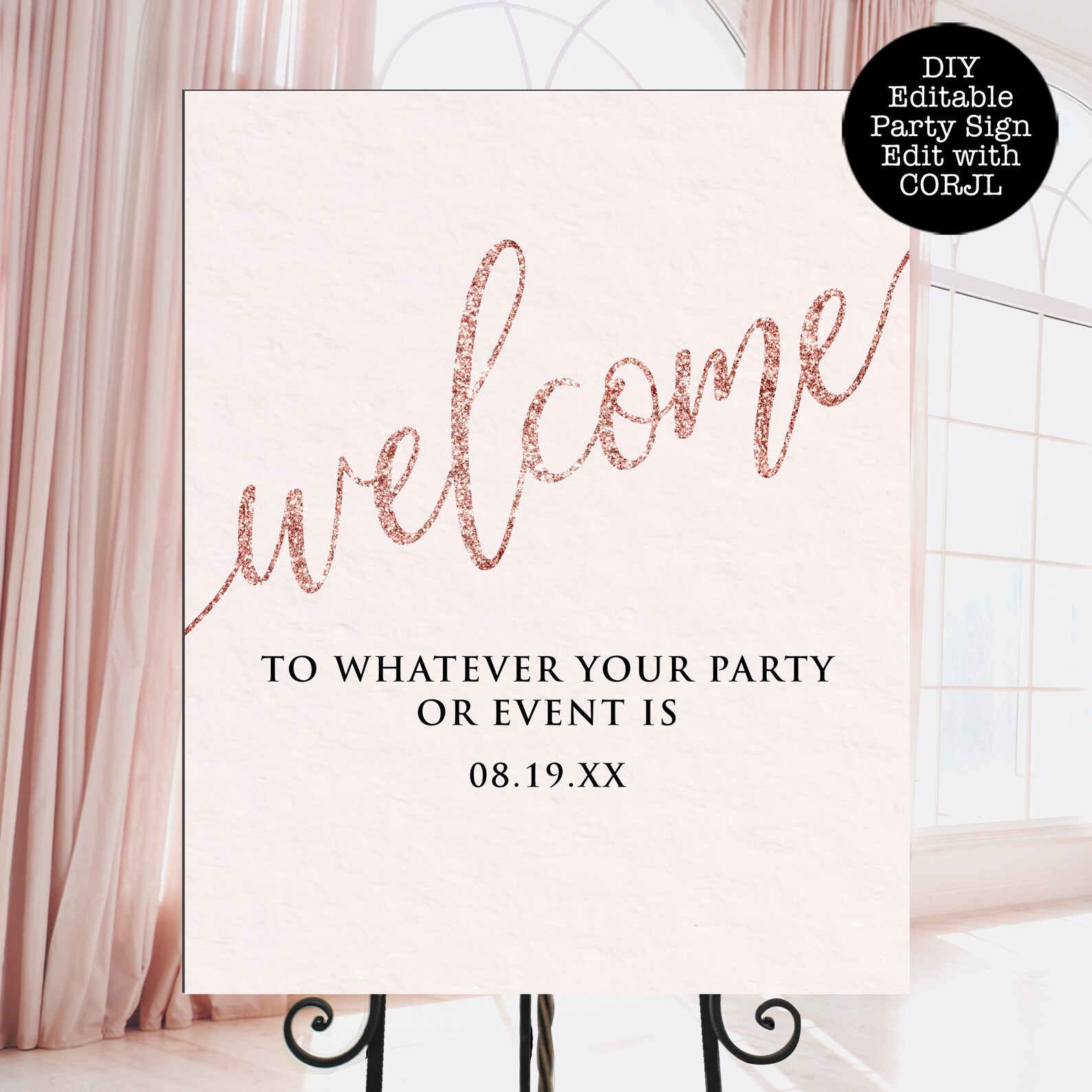 Blush Pink Glitter Welcome Sign, Printable Party Sign, Instant Download ...