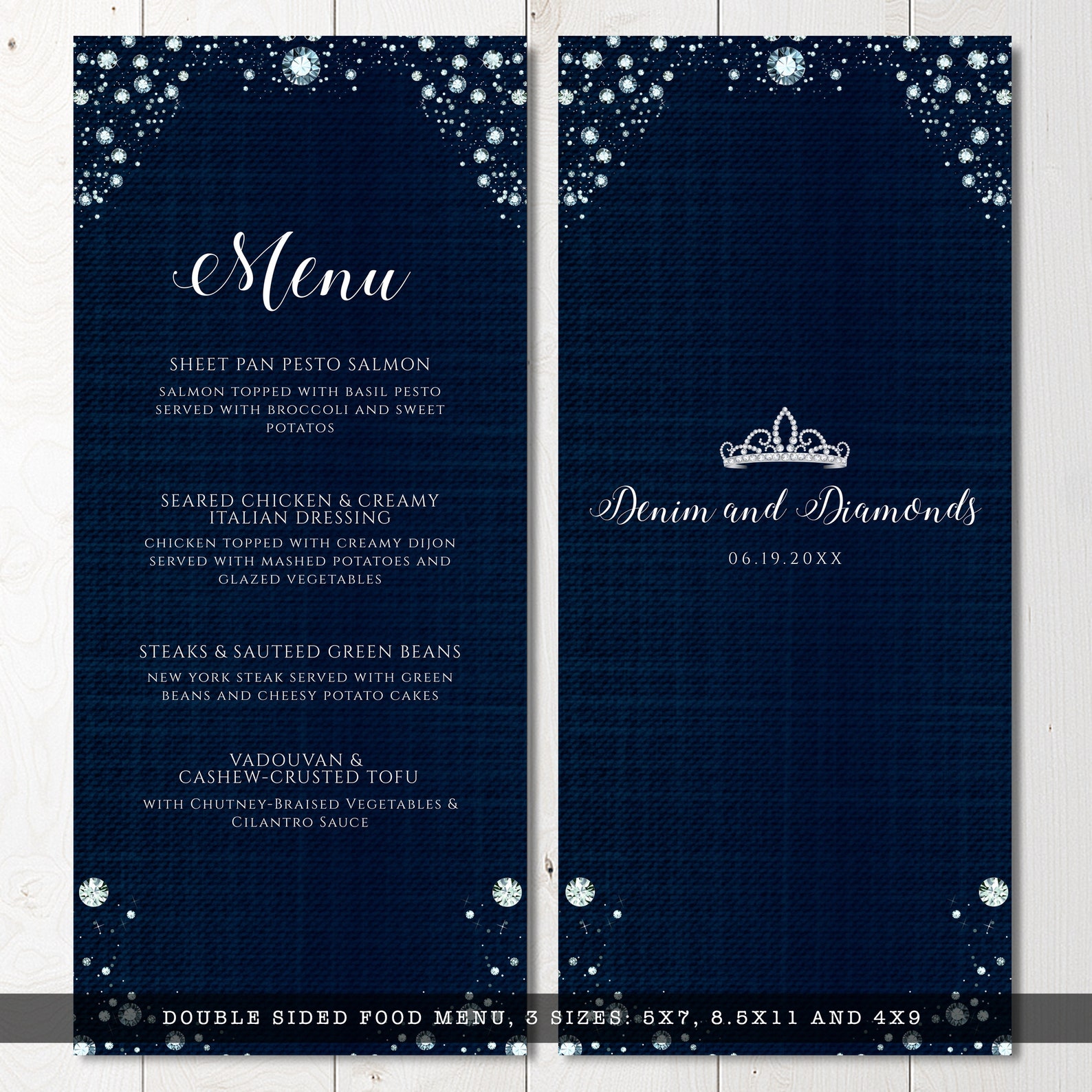 Denim and Diamond Food Menu, Diamond Themed Menu, Custom Dinner Menu ...