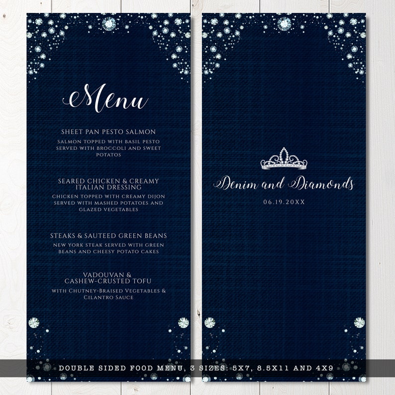 Denim and Diamond Food Menu, Diamond Themed Menu, Custom Dinner Menu ...