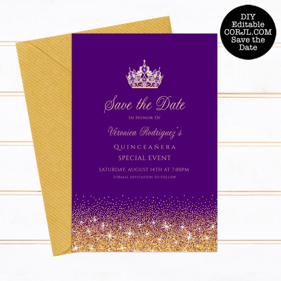 Purple and Gold Editable Save the Date Cards, Gold Glam Save the Date ...