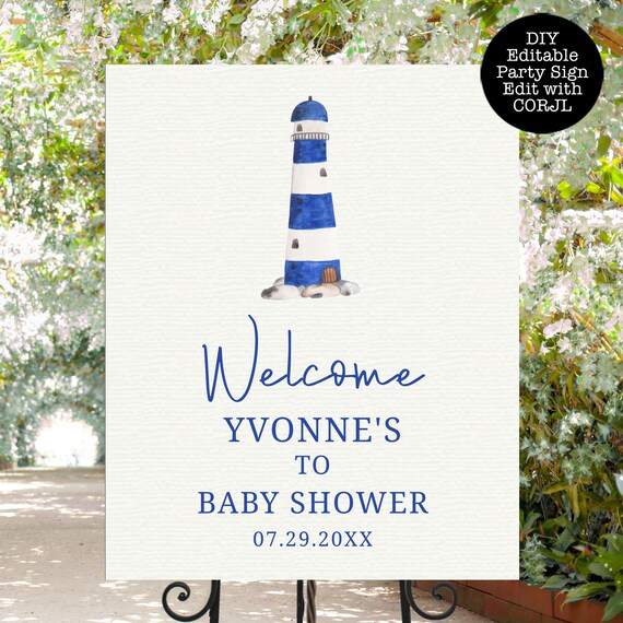 Nautical Baby Shower Welcome Sign, Printable Sign, Lighthouse Welcome ...
