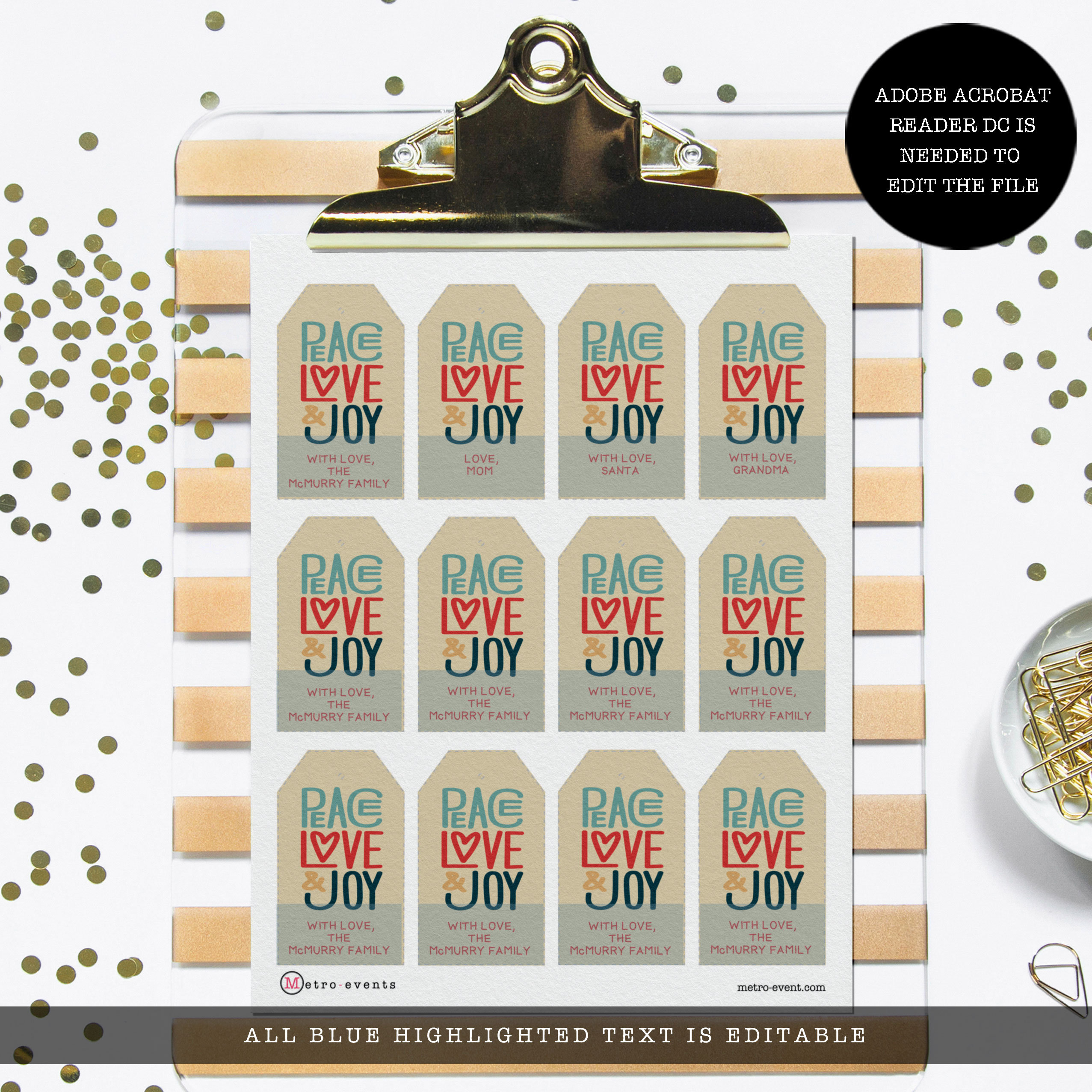 Holiday Gift Tags Peace Love and Joy Favor Tags Printable | Etsy