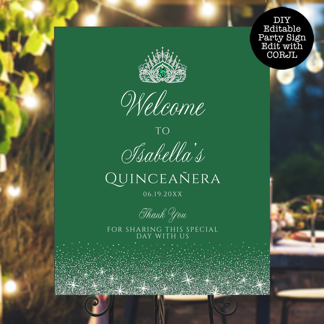 Emerald Green Welcome Sign, Silver Glitter, Editable (instant Download ...