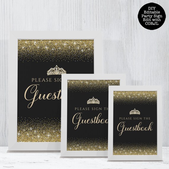 Black and Gold Guestbook Table Sign, Printable Table Sign, Instant ...