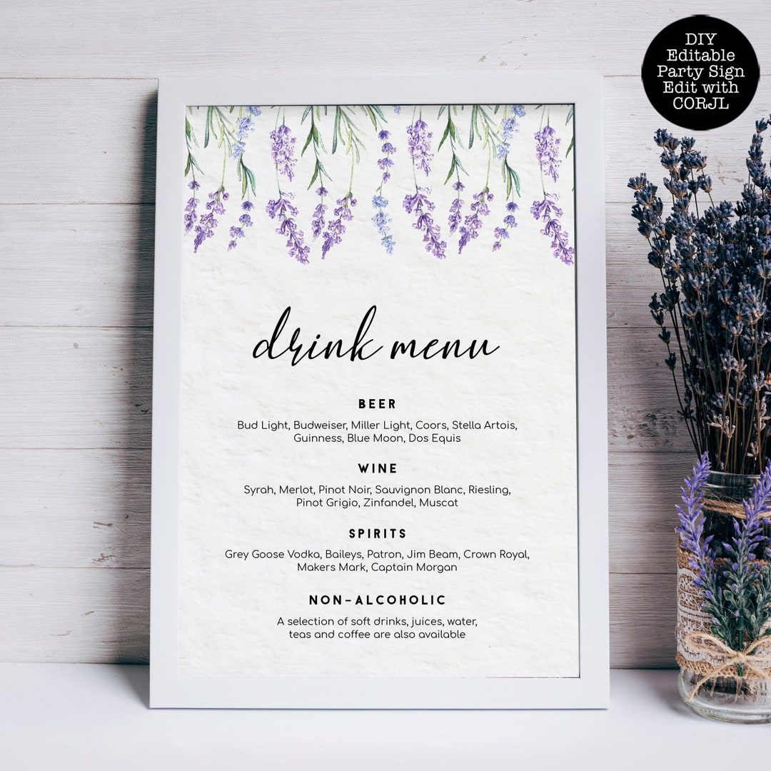 Lavender Drink Menu Sign: Rustic Wedding Bar (digital Download) - Etsy