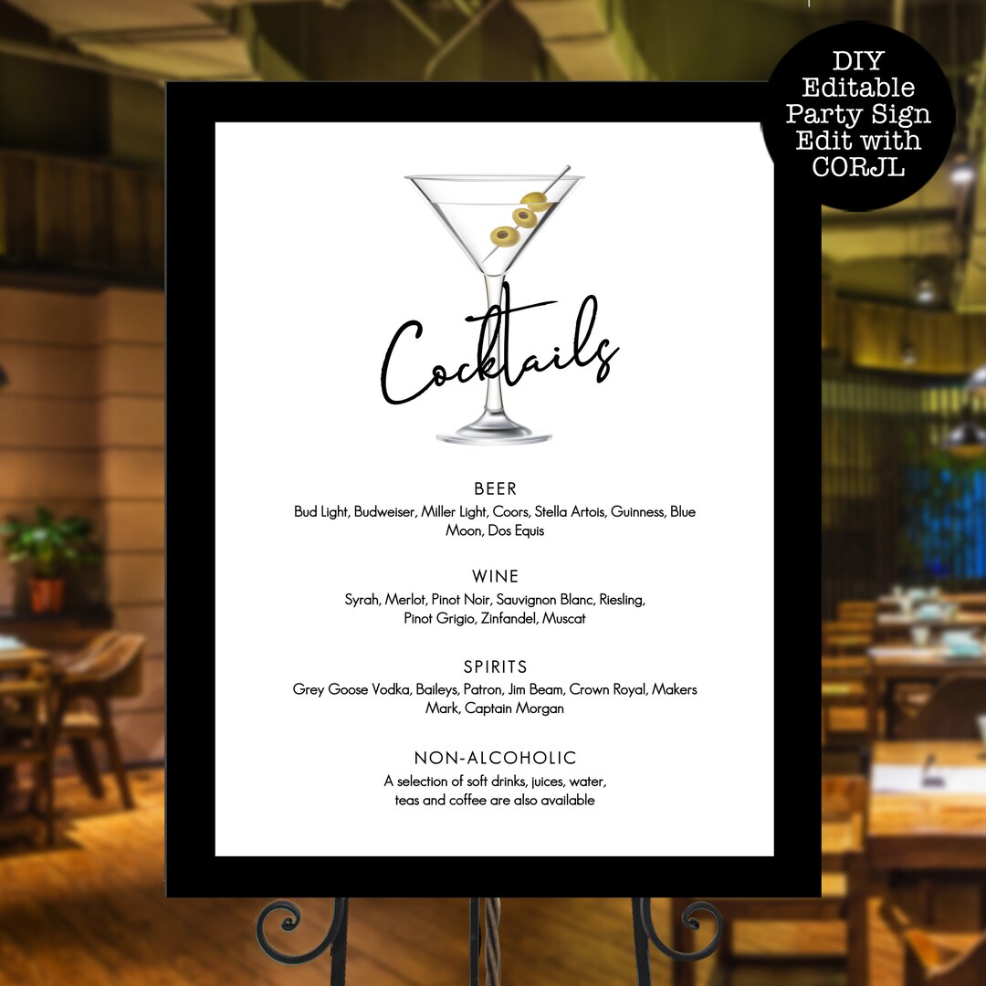 Black Retro Cocktail Sign, Bar Menu, Menu Template, Editable Sign ...