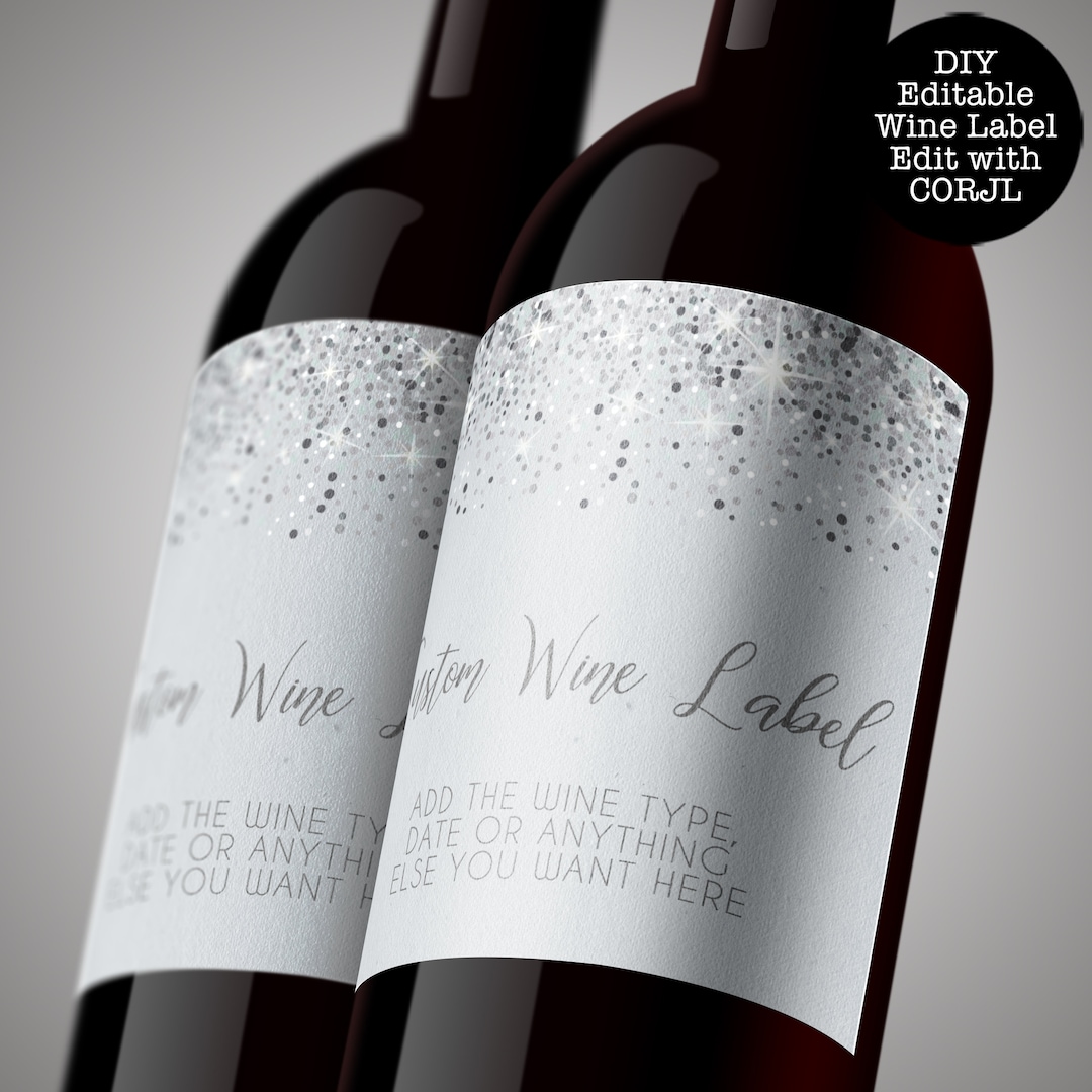 Silver Glitter Wine Label Template: Glam Champagne Labels (corjl ...