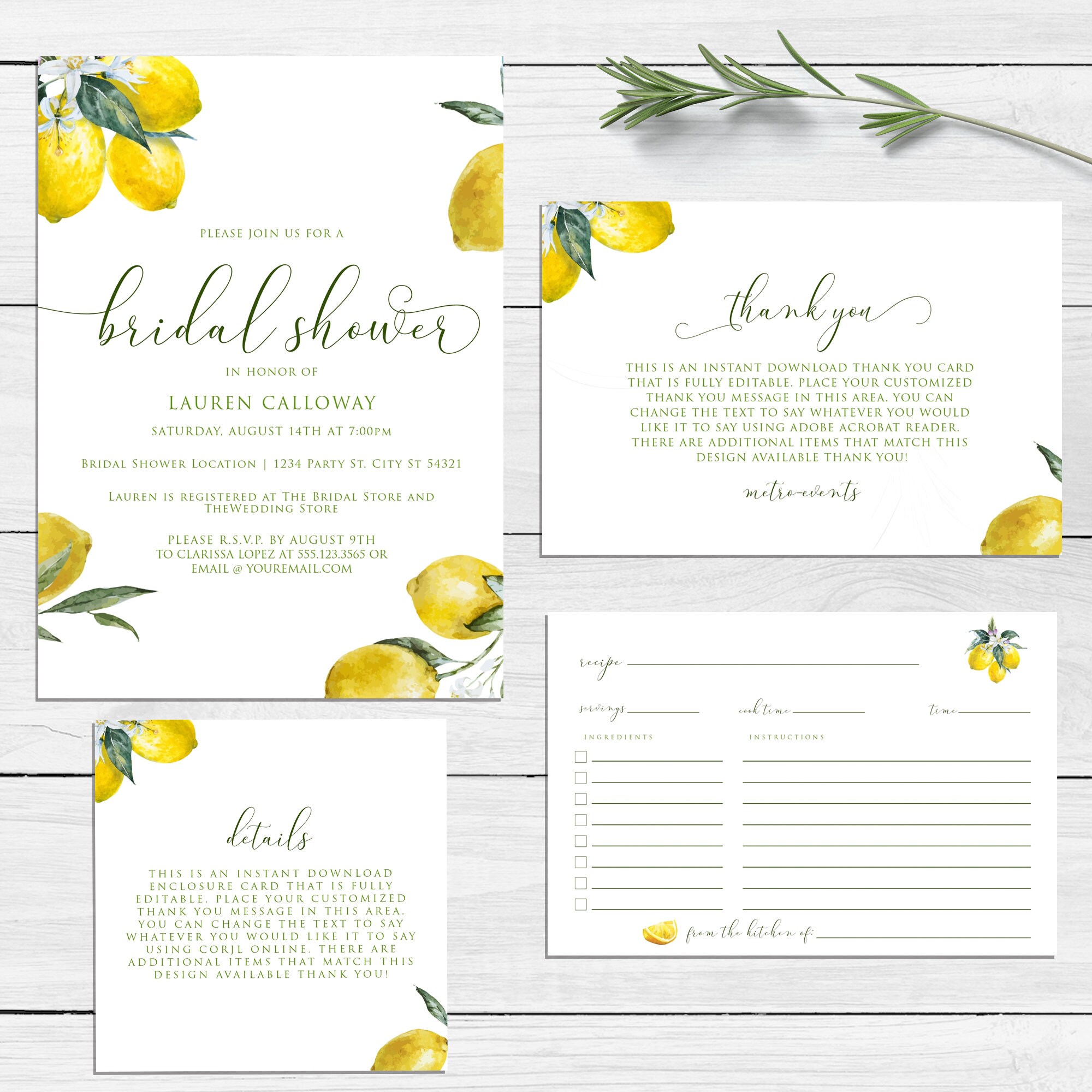 Lemon Bridal Shower Invitations Set, Bridal Shower Invitations Thank ...