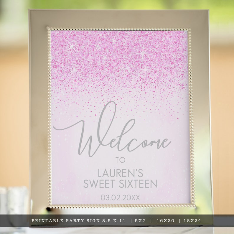 Pink Glitter Welcome Signs Sweet Sixteen Printable Party - Etsy