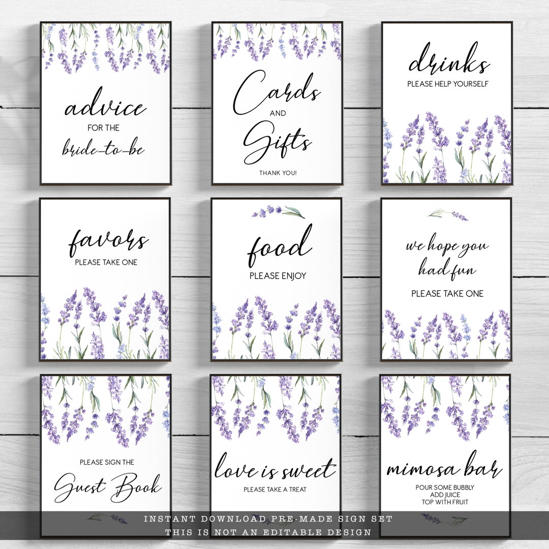 Lavender Bridal Shower Sign Kit: Floral Party Decor (printable Signs ...
