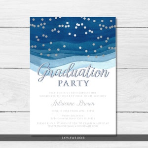 Blue and Silver Graduation Invitations, Graduation Party Invitations ...