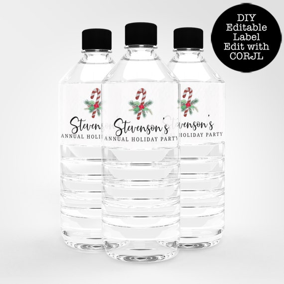 Editable Holiday Water bottle Labels, Candy Cane Christmas Beverage ...