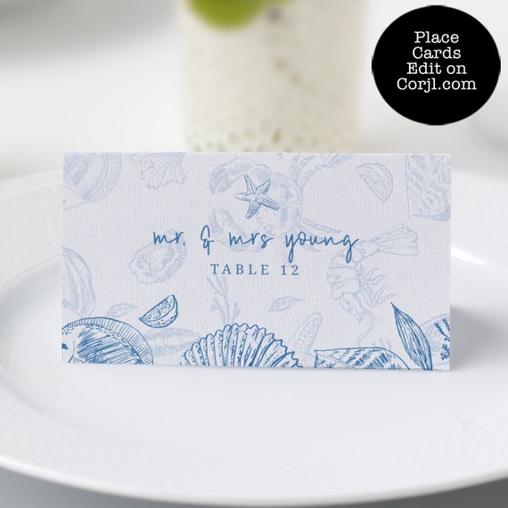 Beach Place Card, Simplistic Table Card, Blue Beach Escort Card ...