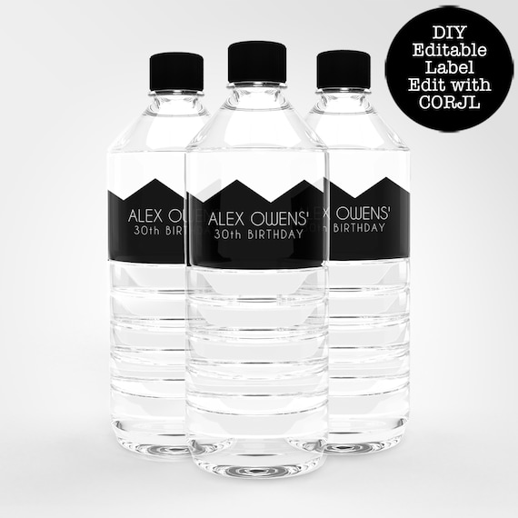 Black and White Water bottle Labels, Printable Drink Label, Editable ...