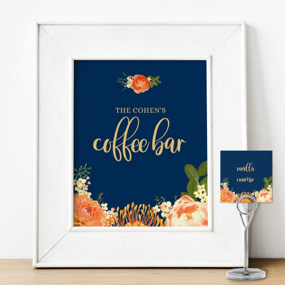 Editable Coffee Bar Sign, Printable Coffee Bar Signs, Orange and Navy ...