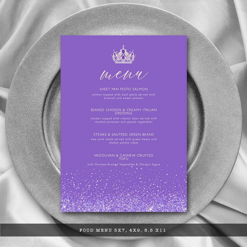 Purple Food Menu Custom Menu Purple Glitter Food Menu - Etsy