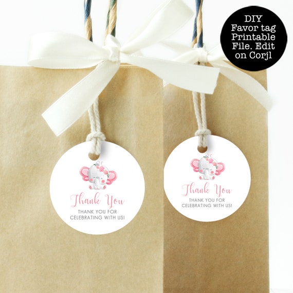 Baby Elephant Favor Tag, Round Gift Tags, Editable Gift Labels ...