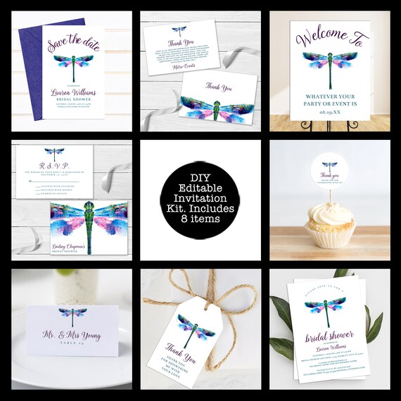 Editable Invitation Set, Printable Invitation Kit, Dragonfly Bridal ...