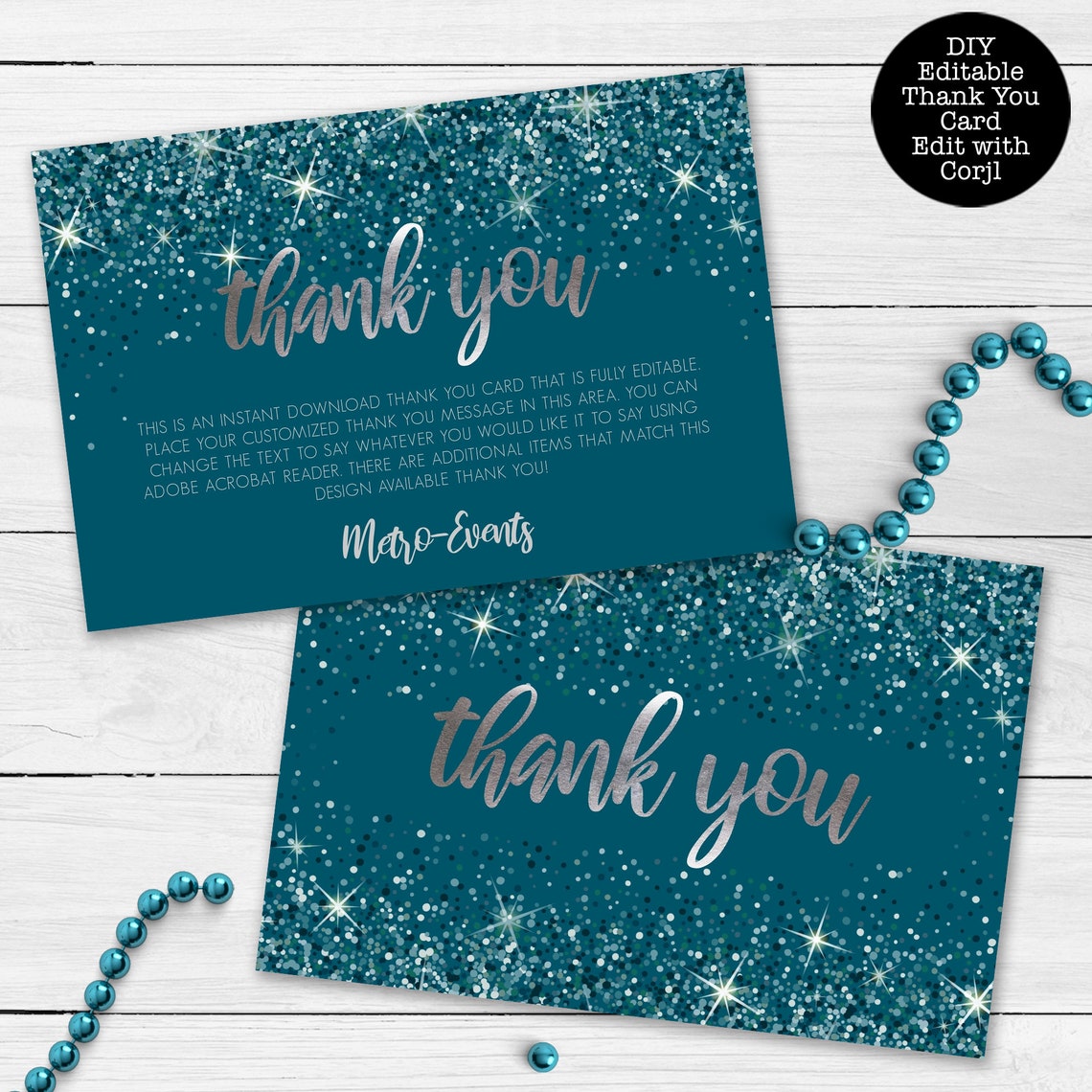 Teal Glitter Thank You Cards Custom Thank You Cards Glitter | Etsy