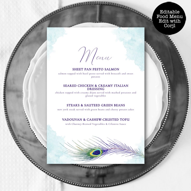 Peacock Food Menu Purple Feather Menu Boho Custom Dinner | Etsy