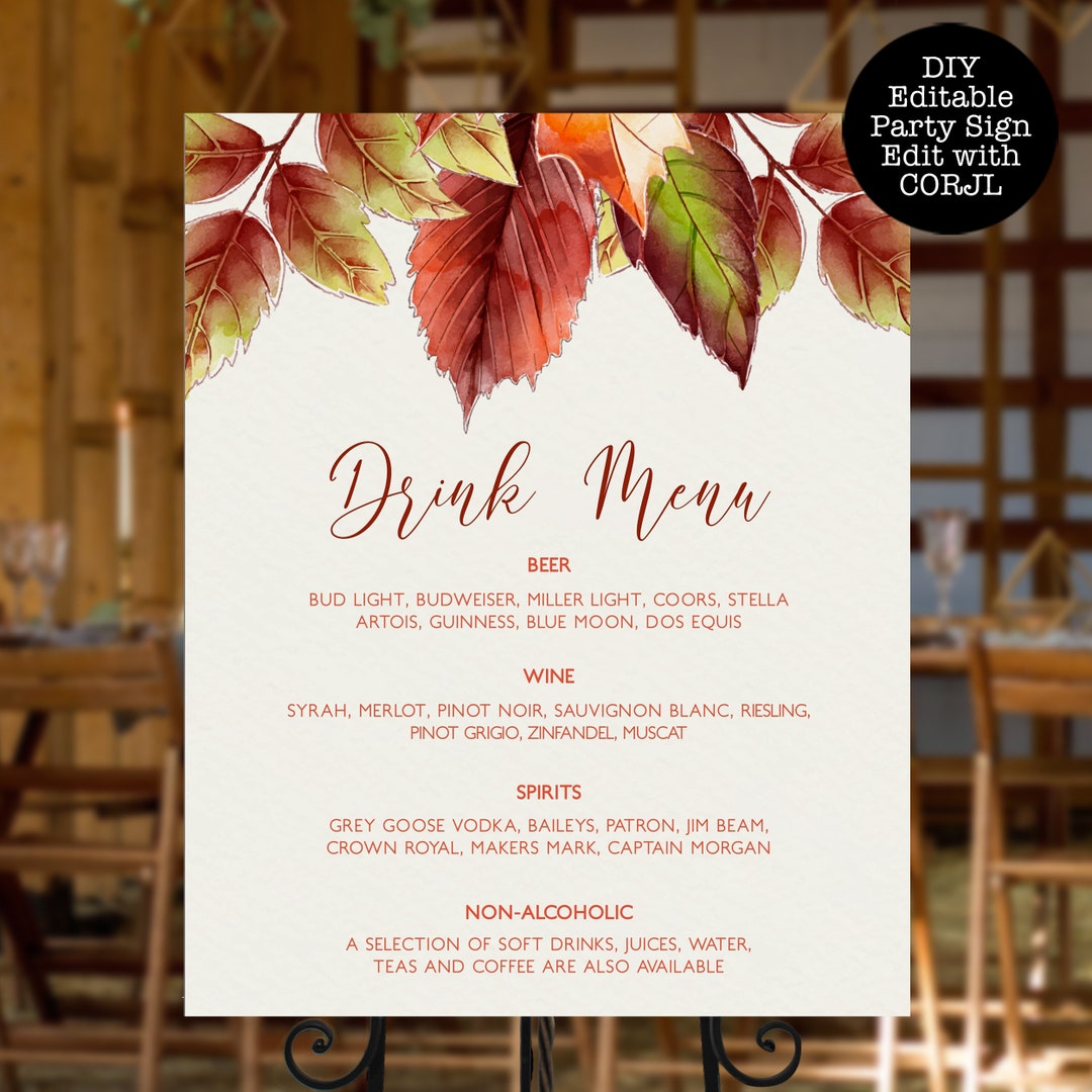 Fall Leaves Drink Menu Signs, Friendsgiving Signs, Drink Menu Sign ...