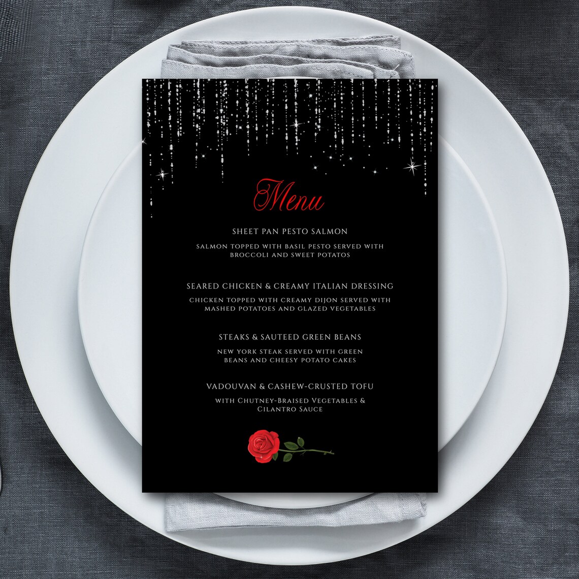 Red Rose Menu Silver Glitter Dinner Menu Food Menu Dinner - Etsy