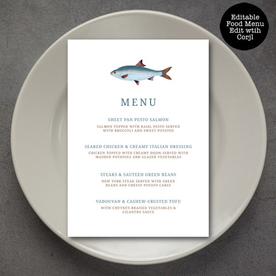 Fish Food Menu, Seafood Menu, Custom Dinner Menu, Editable Dinner Menu ...