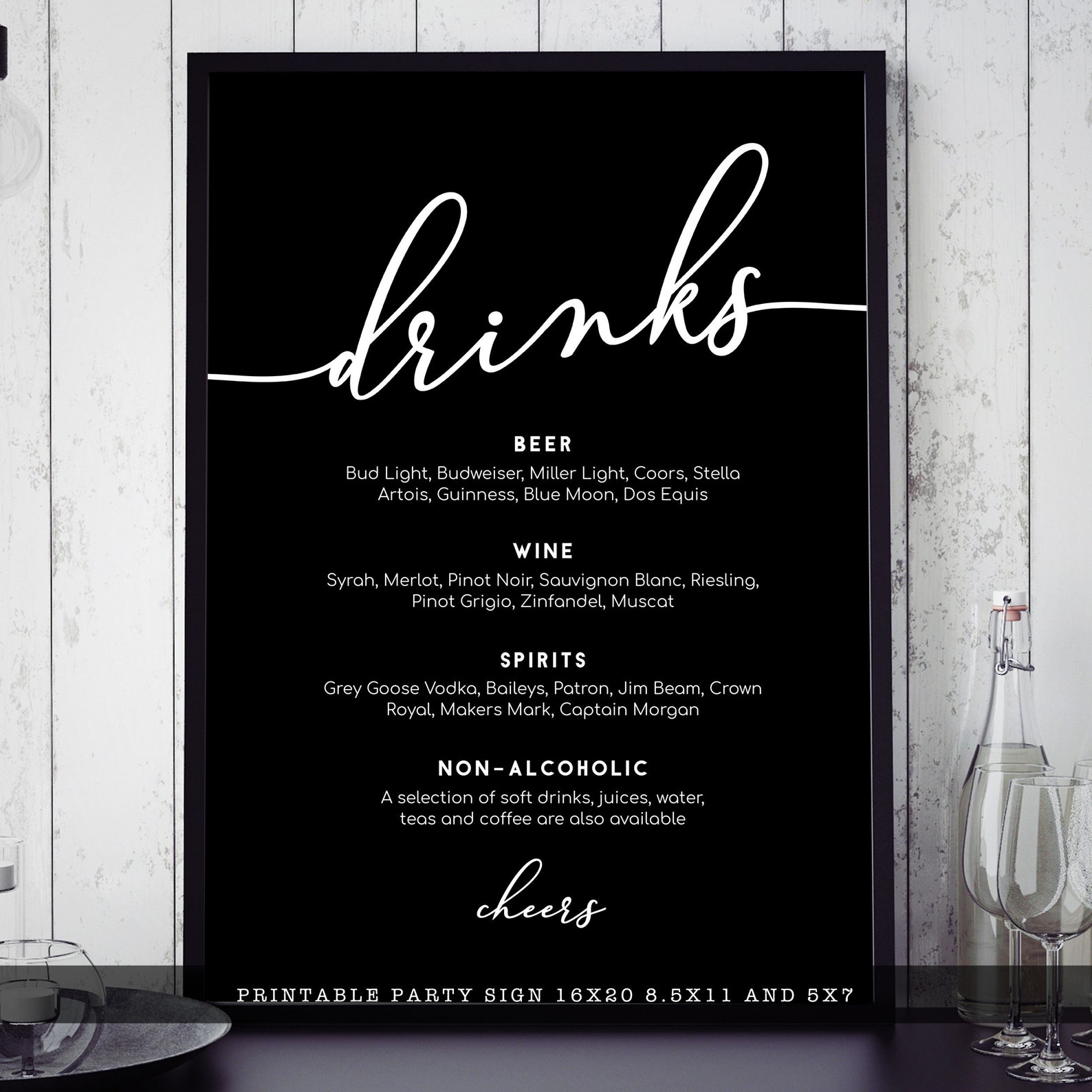 White and Black Drink Menu Signs Elegant Party Sign Cocktail | Etsy
