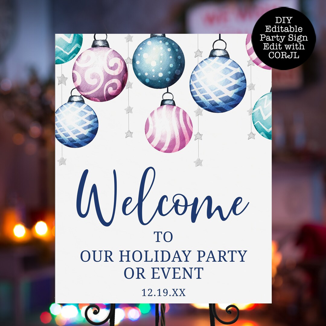 Christmas Ornament Welcome Signs, Corjl Template, Holiday Party Sign ...