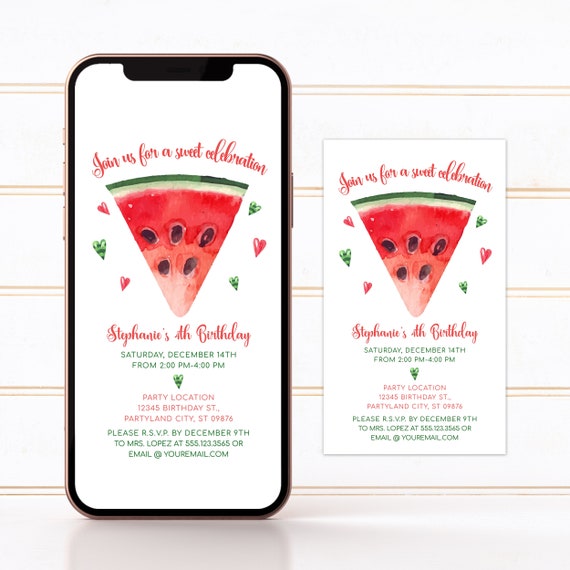 Editable Sweet Watermelon Birthday Invitation Summer Evite Text ...
