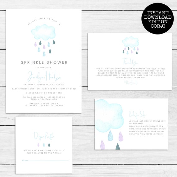 Rain Cloud Baby Shower Invitations Set, Printable Invitations, Baby ...