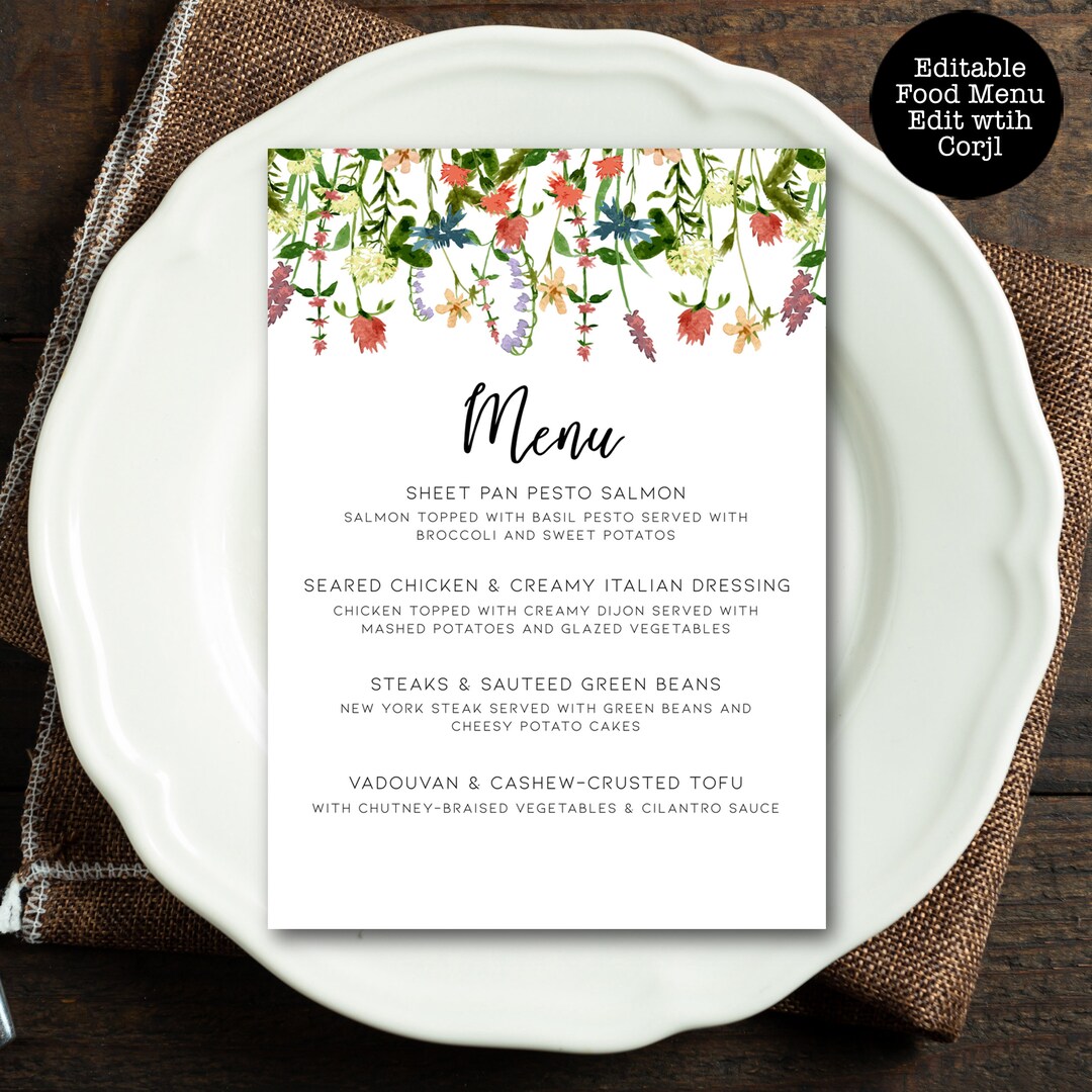 Boho Wildflower Food Menu, Botanical Floral Menu, Custom Dinner Menu ...