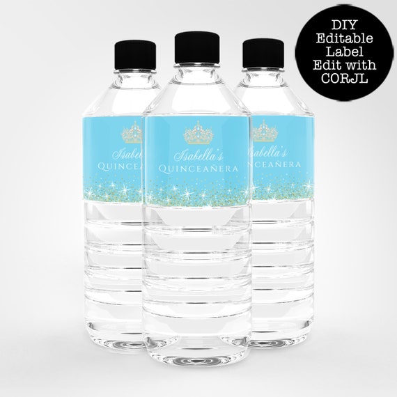 Light Blue and Gold Water bottle Labels, Printable Drink Label, Custom ...