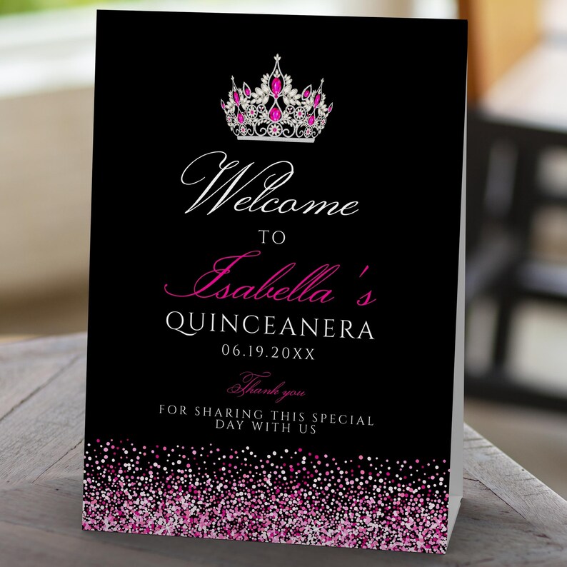 Hot Pink and Black Glitter Welcome Signs Quince Welcome Sign | Etsy