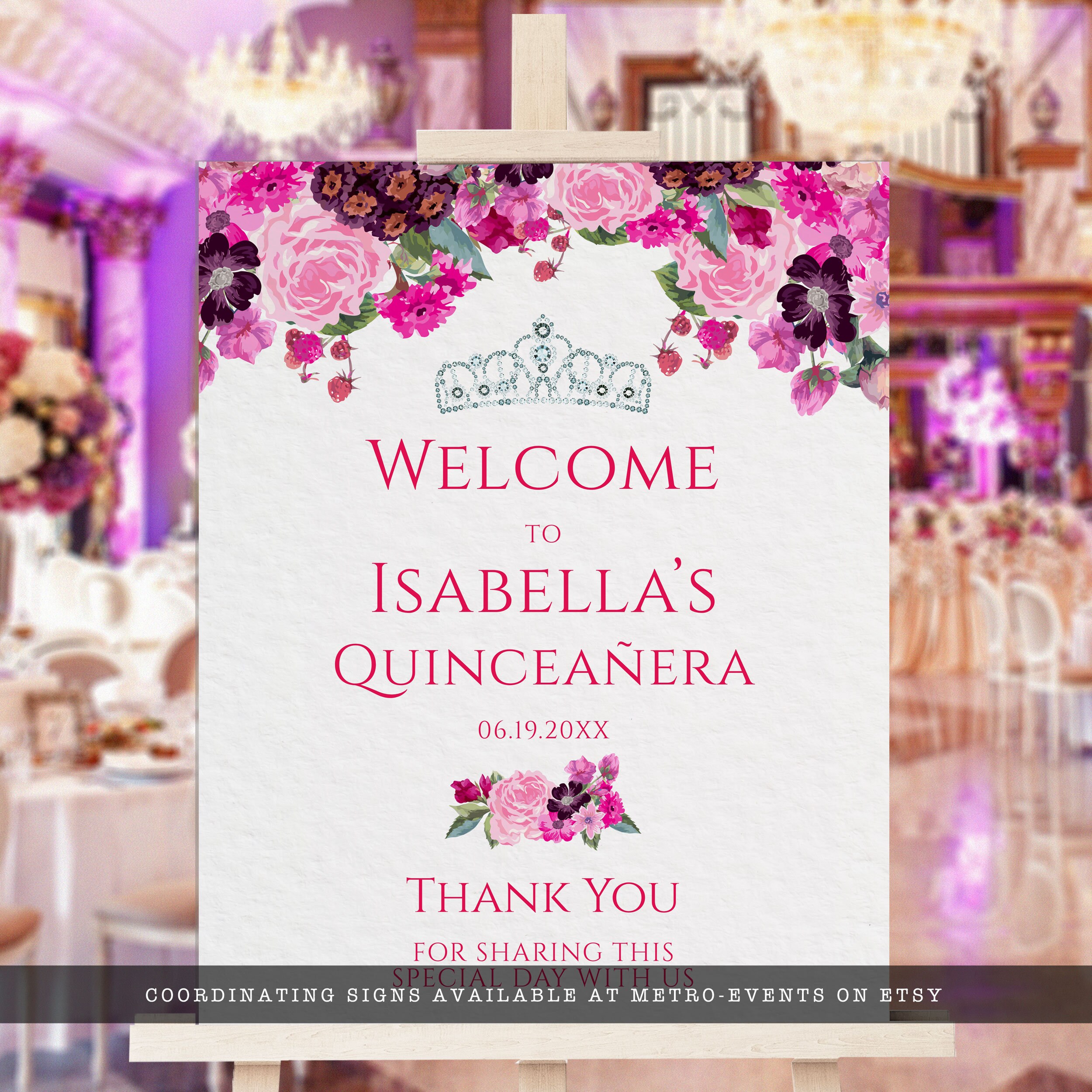 Pink Floral Quinceanera Invitations, Magenta Crown (instant Download ...