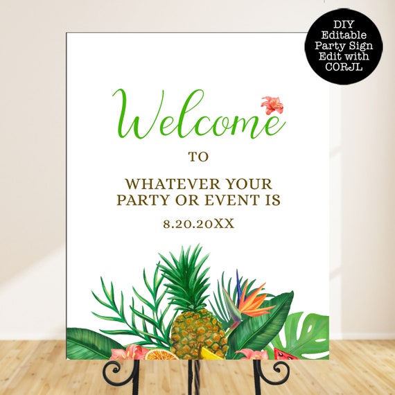 Tropical Welcome Sign, Printable Sign, Hawaiian Themed Sign, Pineapple ...