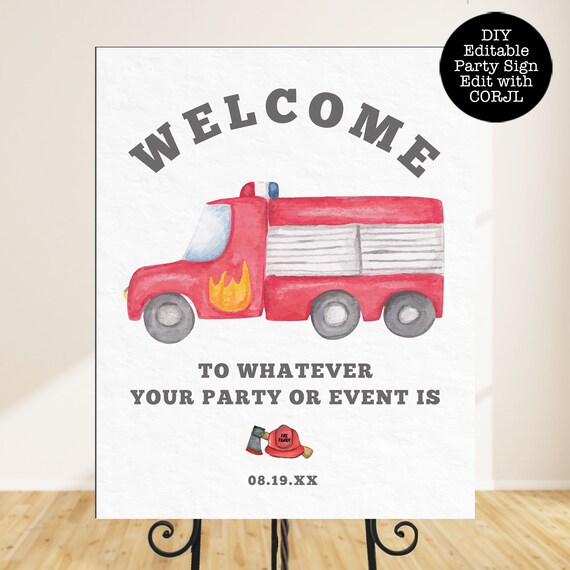 Firetruck Welcome Signs, Fire Printable Signs, Custom Firefighter ...