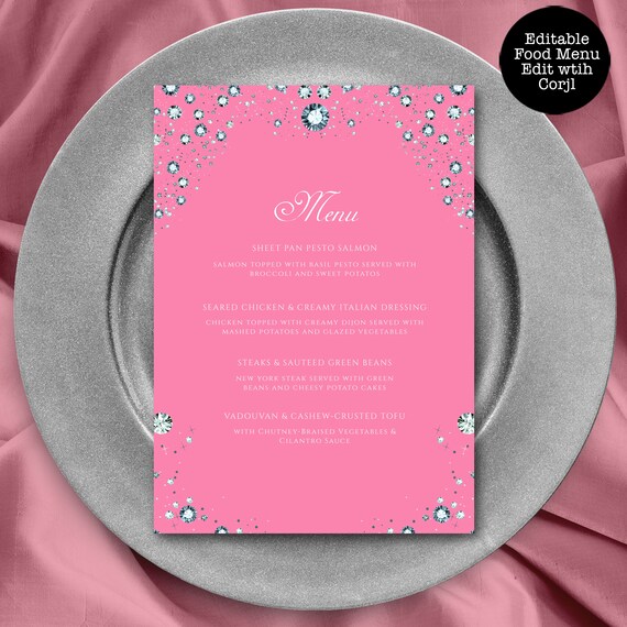 Pink Diamond Food Menu, Diamond Themed Menu, Custom Dinner Menu ...