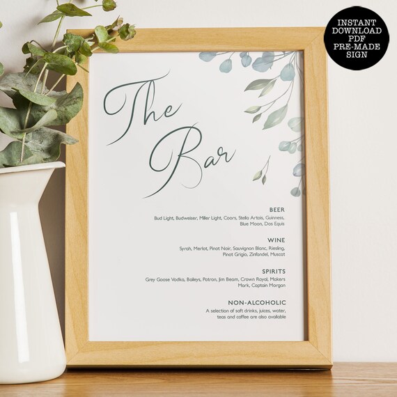 Greenery Drink Menu Signs, Green Botanical Drink Sign, Foliage Bar Menu ...