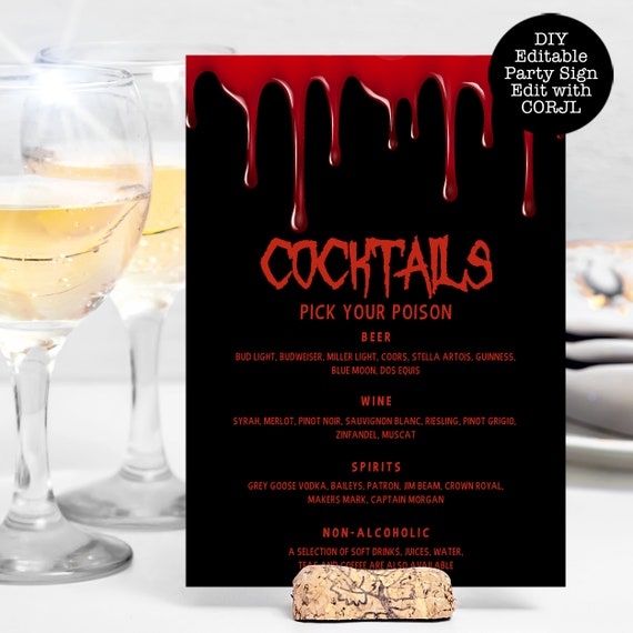 Editable Halloween Bar Menu, Creepy Halloween Party Signs, Party Signs ...