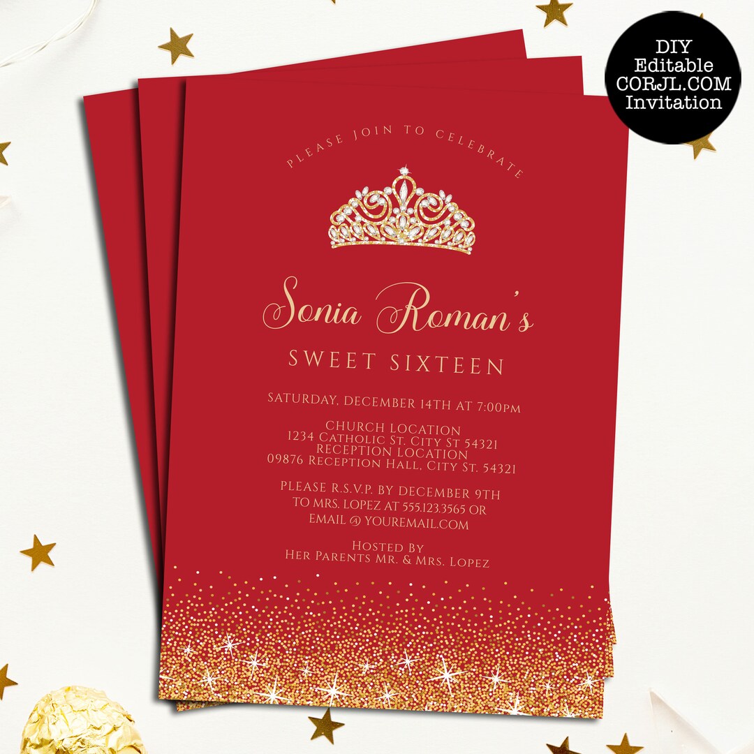 Red and Gold Sweet Sixteen Invitation, Sweet 16 Invitations, Glitter ...