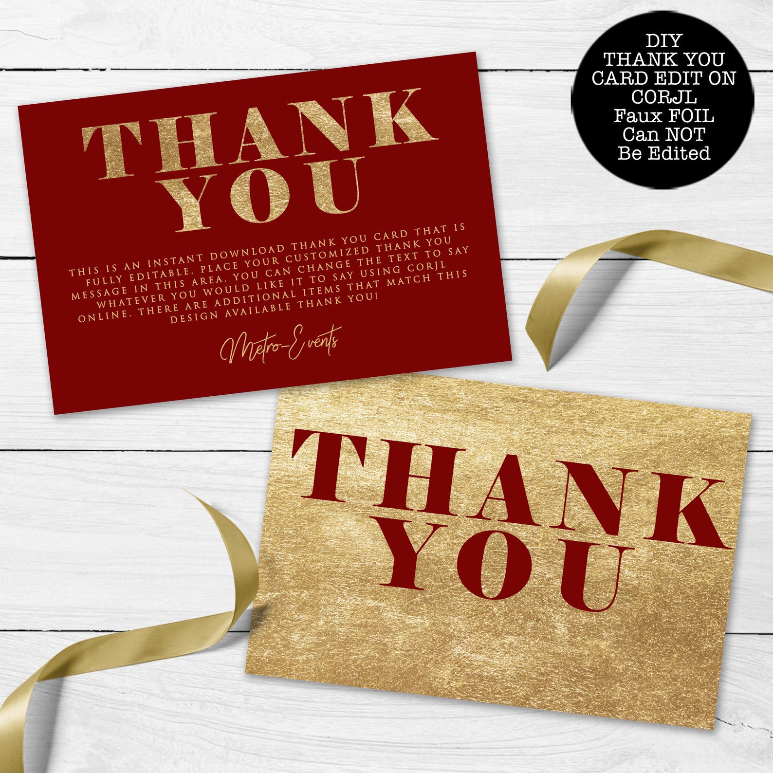 Red and Gold Foil Thank You Card Faux Gold Foil Thank You - Etsy