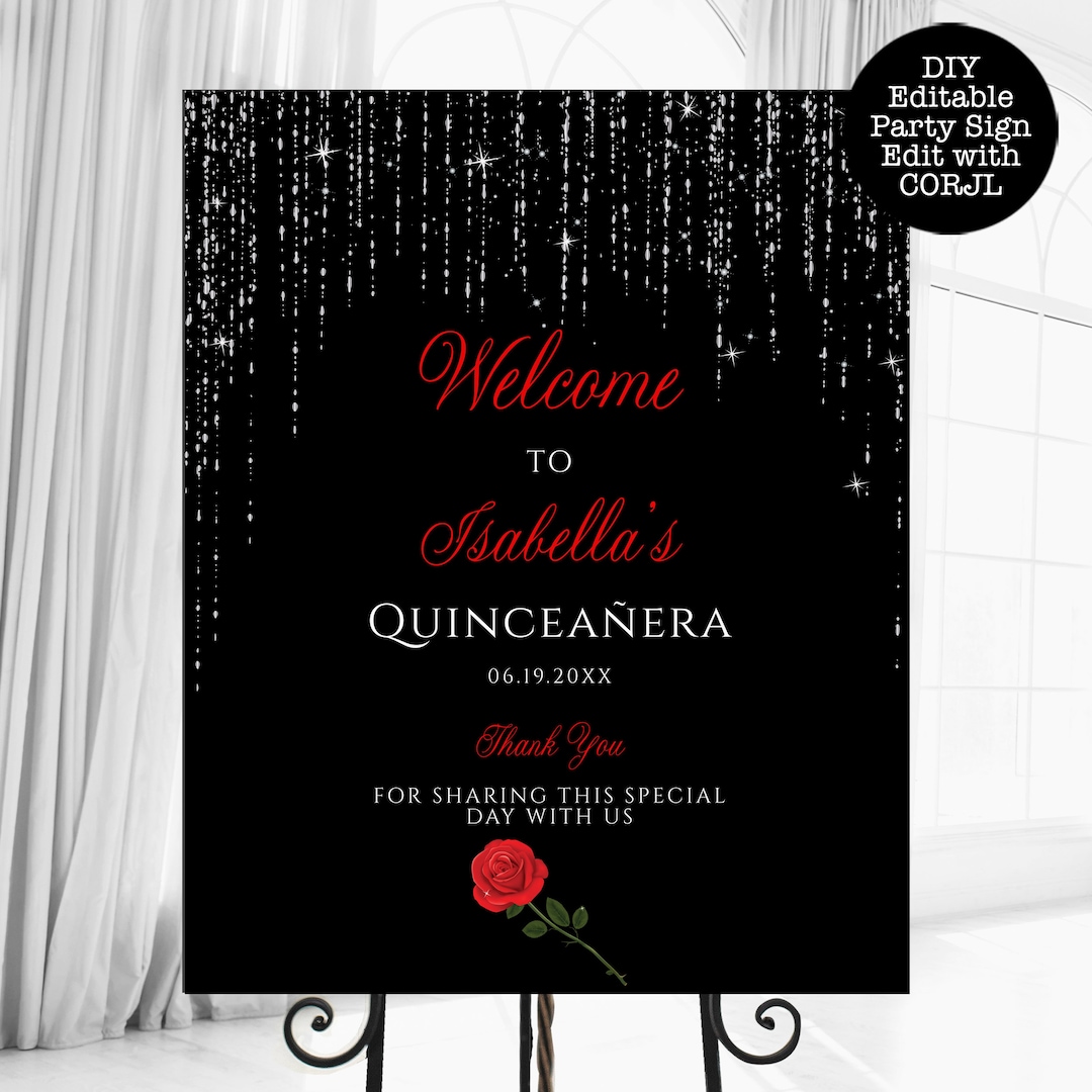 Red Rose Sign, Silver Glitter Welcome Sign, Black and Red Sweet Sixteen ...